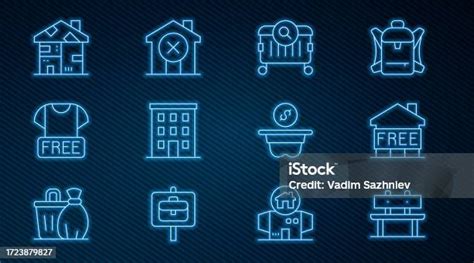 세트 라인 벤치 노숙자를 위한 쉼터 음식 검색 다층 건물 옷 기부 노숙자 골판지 집 기부금 및 아이콘 없음 벡터 가방에 대한 스톡 벡터 아트 및 기타 이미지 Istock