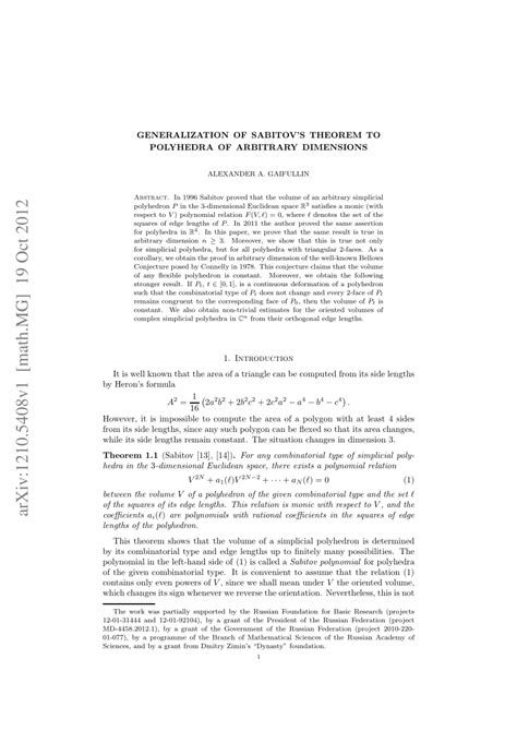Pdf Generalization Of Sabitovs Theorem To Polyhedra Of Arbitrary Dimensions