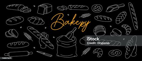 빵집 스케치 세트입니다 빵 개요 배너입니다 베이커리 라인 수평 그림입니다 통곡물 및 밀 빵 치아바타 크루아상 프렌치 바게트 바게트에 대한 스톡 벡터 아트 및 기타 이미지