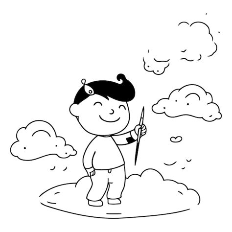 무지개 위에 달을 그리는 귀여운 만화 소년 프리미엄 벡터