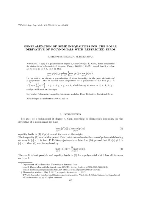 Pdf Generalization Of Some Inequalities For The Polar Derivative Of Polynomials With
