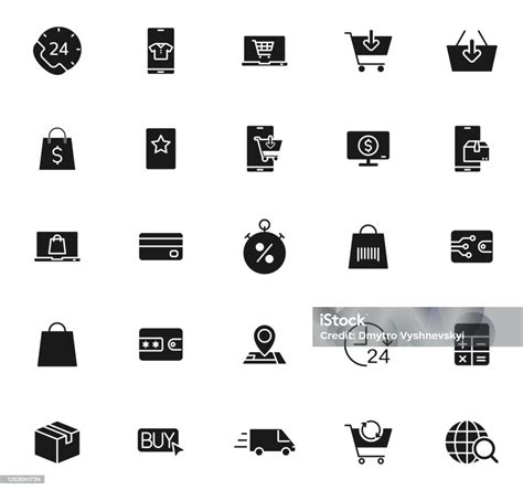 흰색 배경에 격리 된 검은 색 벡터 아이콘을 쇼핑하는 전자 쇼핑 웹 및 Ui 디자인 모바일 앱 및 인쇄 제품을 위한 E 쇼핑 아이콘 세트 0명에 대한 스톡 벡터 아트 및
