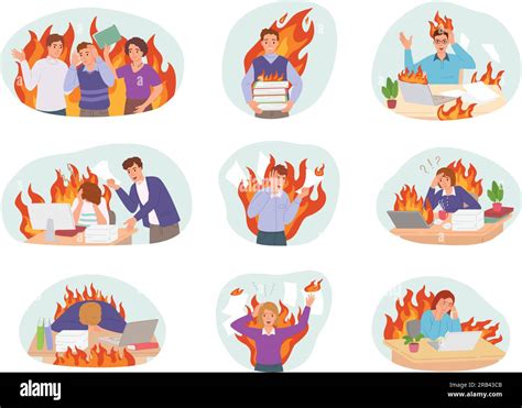 Professional Burnout Employees On Fire At Work Cartoon Office Chaos
