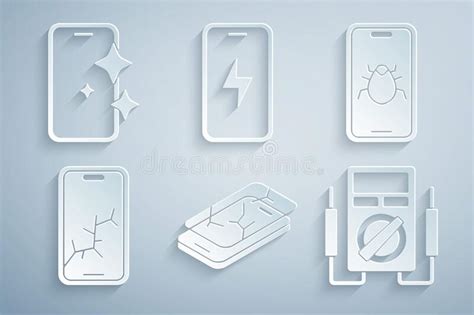 Set Mobile With Broken Screen System Bug On Mobile Multimeter Charging Battery And Glass