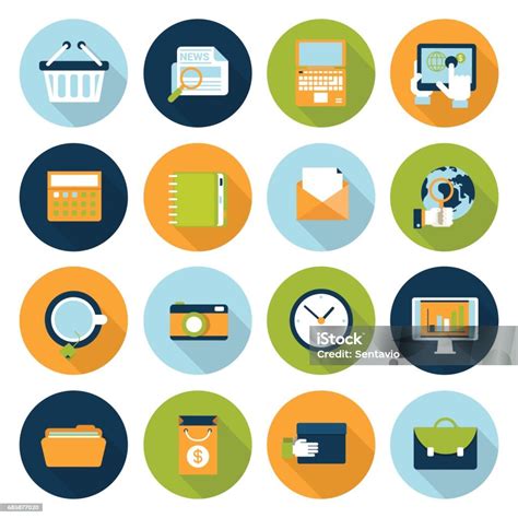 플랫 웹 인포 그래픽 아이콘 세트입니다 온라인 비즈니스 전자 상거래 기술 인터넷 아이콘 쇼핑 카트 뉴스 노트북 태블릿 일기 이메일 글로브 카메라 시계 보고서 폴더 가방 및