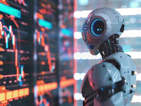 Analyzing Stock Market Charts And Data On Multiple Screens A Futuristic Ai Robot Represents