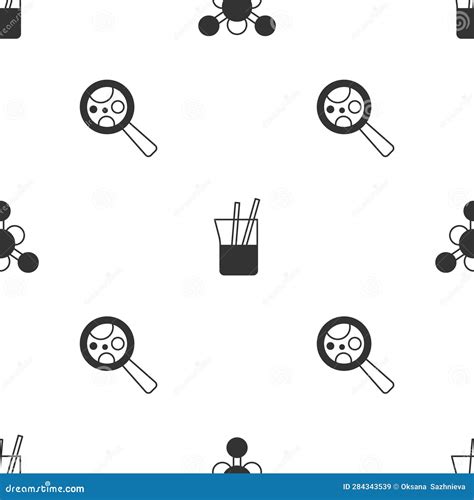 Set Molecule Laboratory Glassware And Microorganisms Under Magnifier On Seamless Pattern