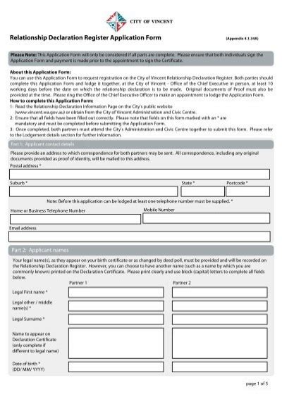 Relationship Declaration Register Application Form City Of Vincent