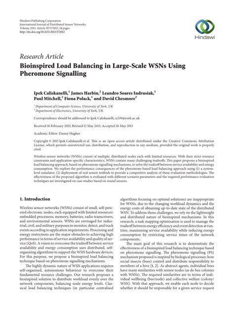 Pdf Bioinspired Load Balancing In Large Scale Wsns Using Pheromone Signalling