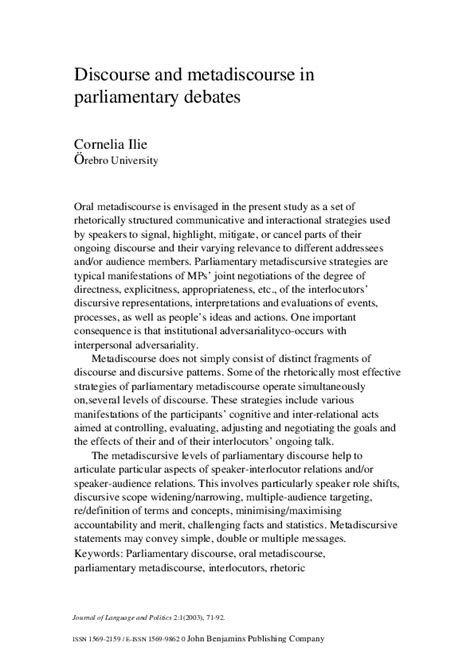 pdf discourse and metadiscourse in parliamentary debates