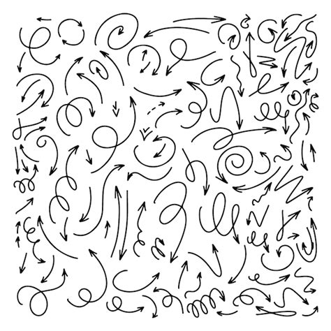 손으로 그린 검은 낙서 화살표의 집합입니다 삽화 흰색 배경에 고립 프리미엄 벡터