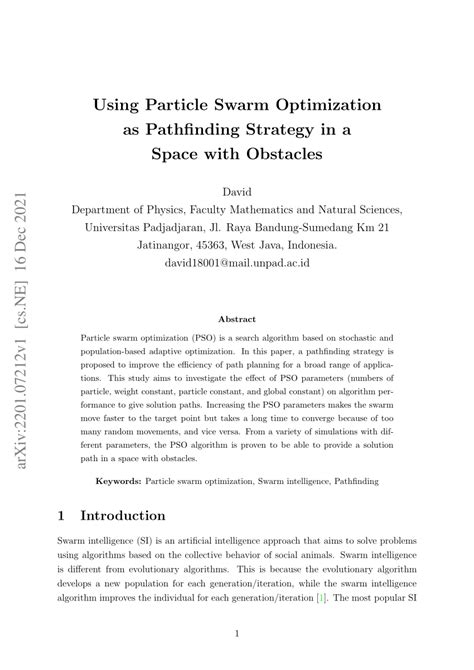 Pdf Using Particle Swarm Optimization As Pathfinding Strategy In A Space With Obstacles