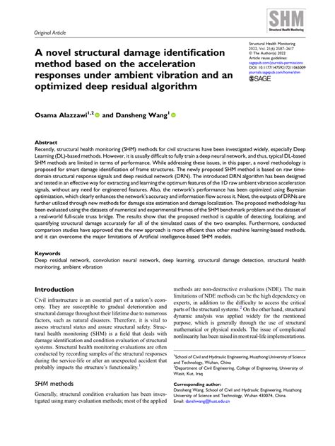 PDF A Novel Structural Damage Identification Method Based On The Acceleration Responses Under