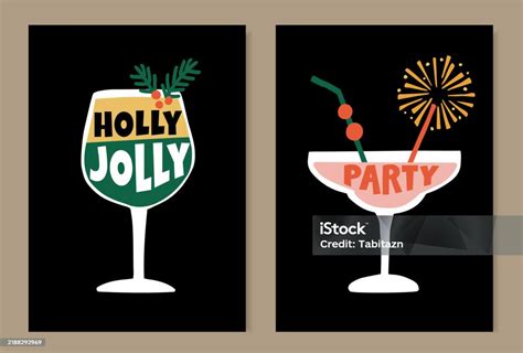 겨울 칵테일 크리스마스 새해 인사말 카드 초대장 알코올 음료 안경 검은 배경에 글자 텍스트 생일 파티 축하 레트로 손으로 그린 폭죽 벡터 일러스트 레이 션 생일에 대한 스톡