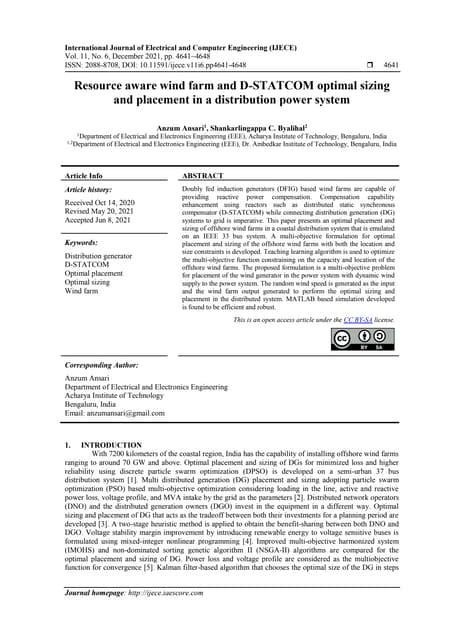 Resource Aware Wind Farm And D Statcom Optimal Sizing And Placement In
