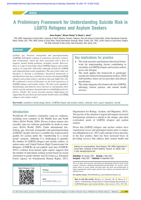 Pdf A Preliminary Framework For Understanding Suicide Risk In Lgbtq Refugees And Asylum Seekers