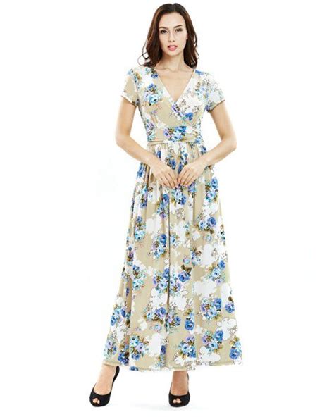 Ouges Womens V Neck Pattern Pocket Maxi Long Dress Long Maxi Dress