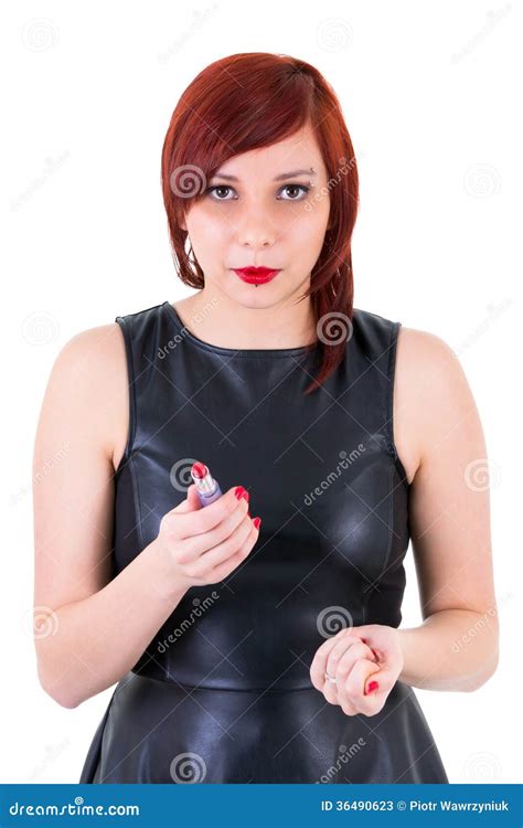 Девочка подросток с красной губной помадой Стоковое Изображение изображение насчитывающей