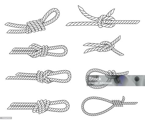해상 밧줄 매듭의 집합입니다 라인 디자인 강한 바다 밧줄 매듭 흰색 배경에 고립 된 평면 벡터 일러스트 레이 션 매듭 묶기에 대한 스톡 벡터 아트 및 기타 이미지 Istock