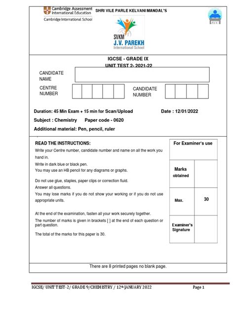 Igcse Grade Ix Unit Test 2 2021 22 Candidate Name Centre Number Candidate Number Download