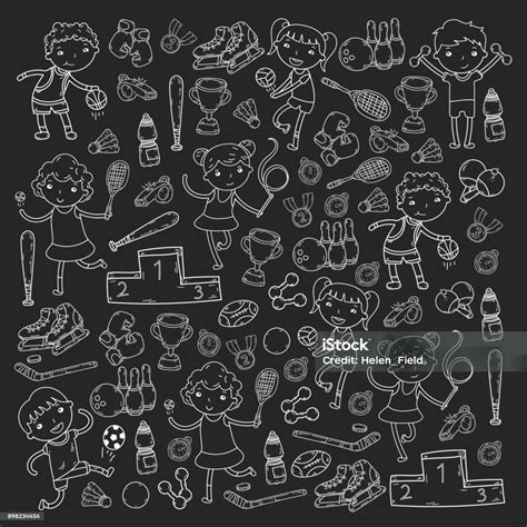 남자와 여자 재생 스포츠 일러스트 피트 니스 축구 축구 요가 테니스 농구 하 키 배구 6 7 살에 대한 스톡 벡터 아트 및 기타 이미지 Istock
