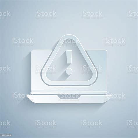 종이 컷 느낌표 아이콘 회색 배경에 격리 노트북 경고 메시지 스마트 폰 알림 종이 아트 스타일입니다 벡터 일러스트레이션 3차원 형태에 대한 스톡 벡터 아트 및 기타 이미지