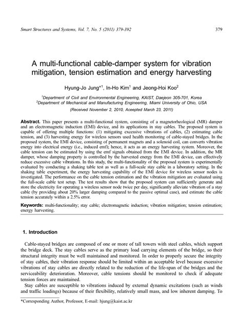 Pdf A Multi Functional Cable Damper System For Vibration Mitigation Tension Estimation And