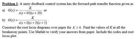 Solved Problem1 A Unity Feedback Control System Has The