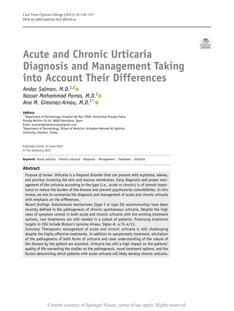 Pdf Acute And Chronic Urticaria Diagnosis And Management Taking Into