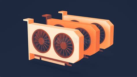 Three Simple Orange Dual Fan Graphics Card GPU On A Dark Blue Background Stock Illustration