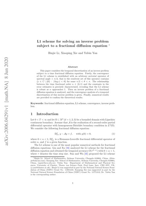 Pdf L1 Scheme For Solving An Inverse Problem Subject To A Fractional Diffusion Equation
