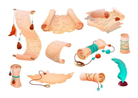 파피루스 양피지는 텍스트 요소 게임 그래픽 및 앱 디자인 요소 격리된 벡터 그림을 위한 왁스 물개 공간이 있는 마법의 오래된