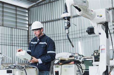 Premium Photo Engineer Controlling Robot Arm At Factory Checking The Operation Of Robot Arm