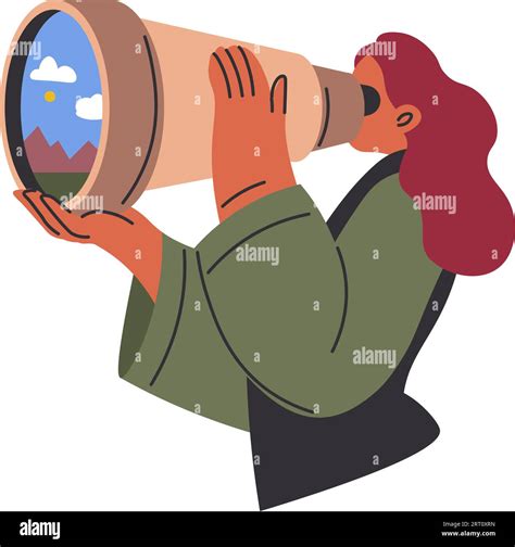 Female Character Looking At Distant Objects Through Telescope Woman