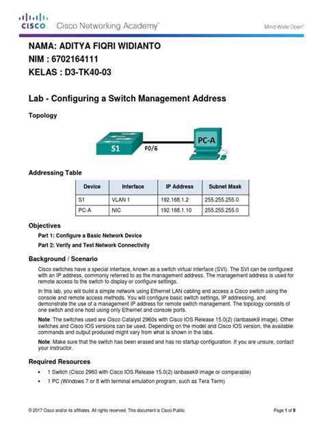 2334 Lab Configuring A Switch Management Address Pdf Network Switch Computer Network