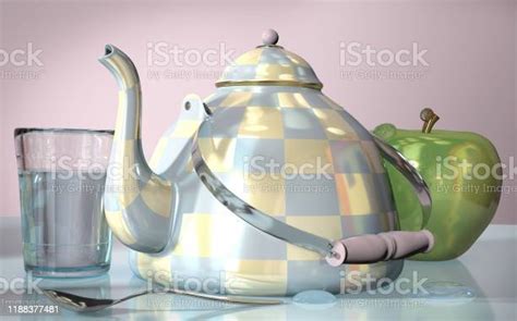 중국 체크 무늬 티케틀 유리 녹색 사과 의 3d 일러스트 는 핑크 룸에서 유리 테이블에 일빛 모방 0명에 대한 스톡 사진 및 기타 이미지 Istock