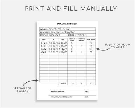 Employee Timesheet Editable Timesheet Printable Timesheet Etsy