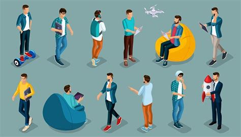 유행 아이소메트릭 벡터 사람 3d 사람이 청소년 현대 젊은 사람과 가제트 프리랜서 시작 Coworking 사무실 작업 절연 기업 배경 가방에 대한 스톡 벡터 아트 및 기타