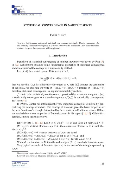 Pdf Statistical Convergence In 2 Metric Spaces