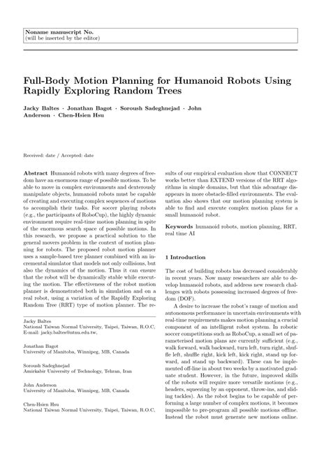 Pdf Full Body Motion Planning For Humanoid Robots Using Rapidly Exploring Random Trees