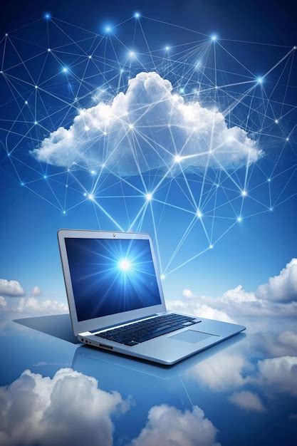 Cloud Computing Laptop Floating With Icon Network Connection On Blue