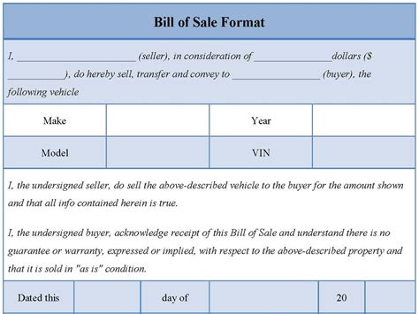 Bill Of Sale Format Editable Pdf Forms