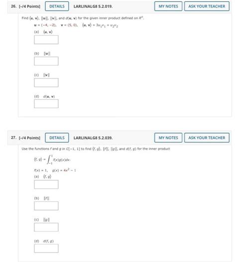 Solved Find U V U V And D U V For The Given Inner Chegg Com