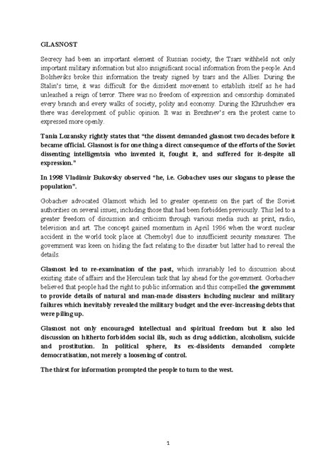 English Glasnost Glasnost Secrecy Had Been An Important Element Of Russian Society The Tsars