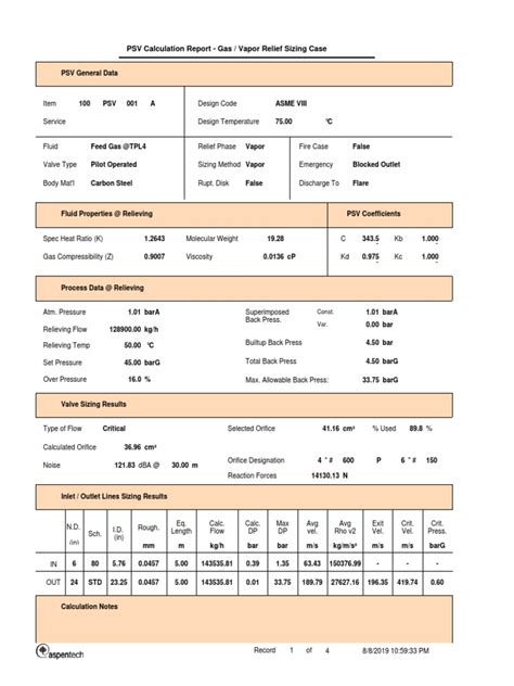 Psv Calculation Report Gas Vapor Relief Sizing Case Const Var Pdf Gases Valve