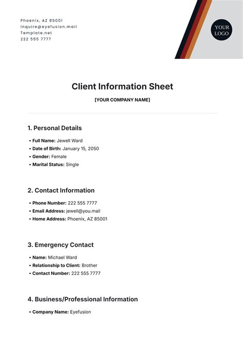 Free Client Information Sheet Templates Editable And Printable