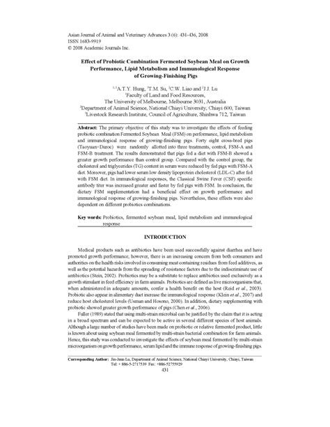 Pdf Effect Of Probiotic Combination Fermented Soybean Meal On Growth Performance Lipid