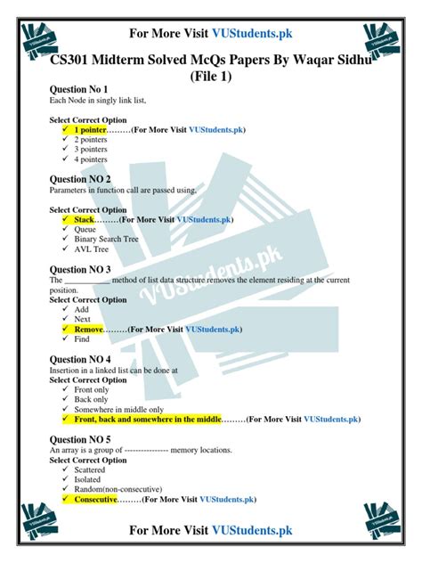 Cs301 Midterm Solved Mcqs Papers By Waqar Sidhu Pdf Subroutine