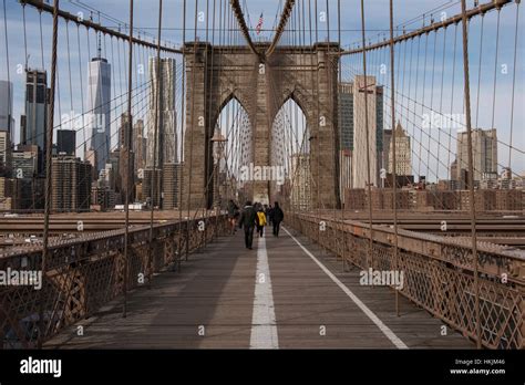 The Pedestrian Walkway On The Brooklyn Bridge With View On The