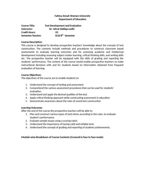 Course Outline Test Development And Evaluation 1 1 Pdf